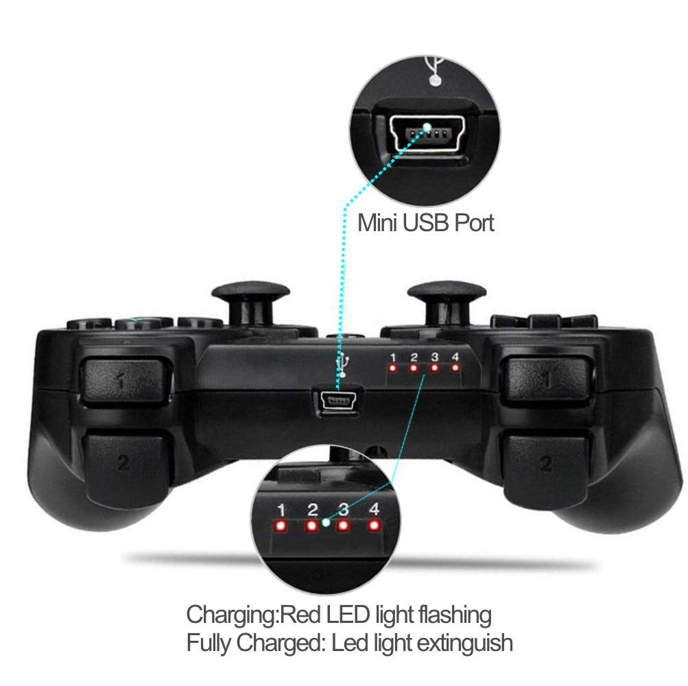 PS-3 Controller, PS-3 Controller Wireless Bluetooth Gamepad Double Vibration Remote Joystick for Playstation3 with Charging Cord (2-Pack)
