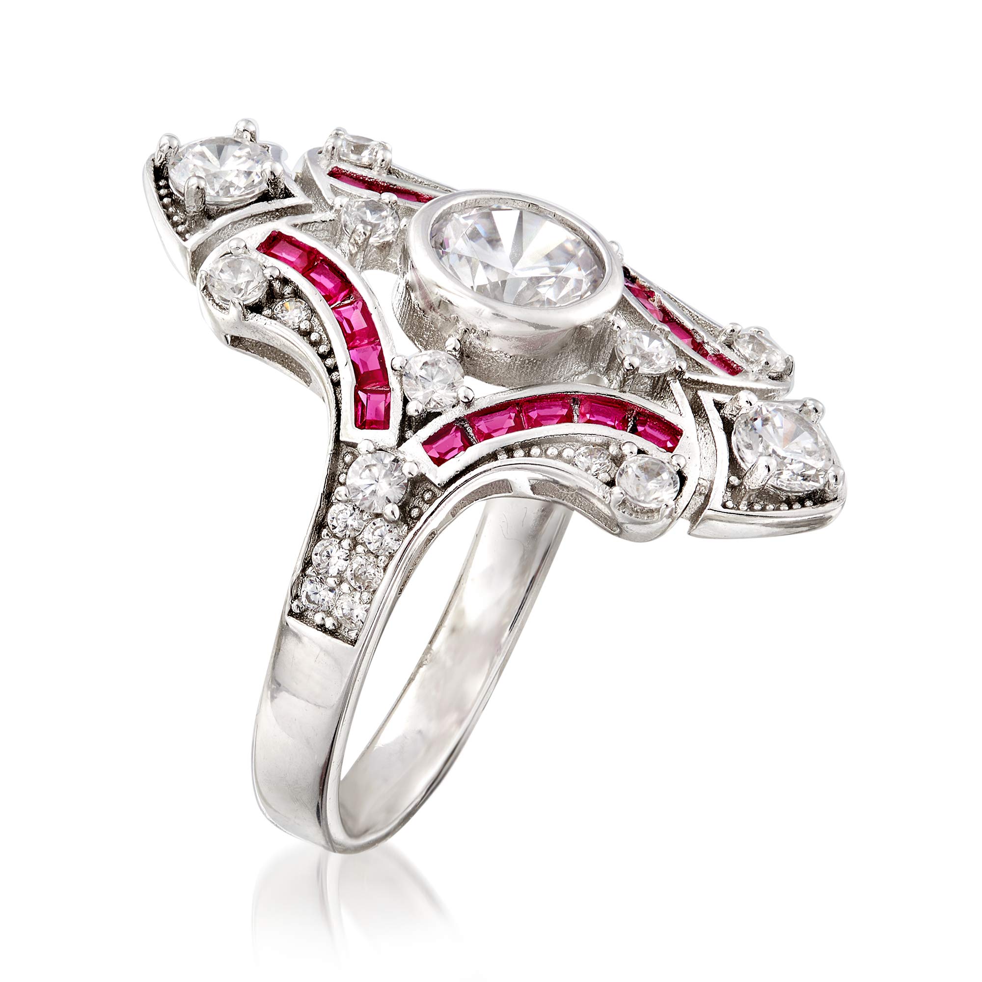 Ross-Simons 1.50 ct. t.w. CZ and .20 ct. t.w. Simulated Ruby Ring in Sterling Silver. Size 5