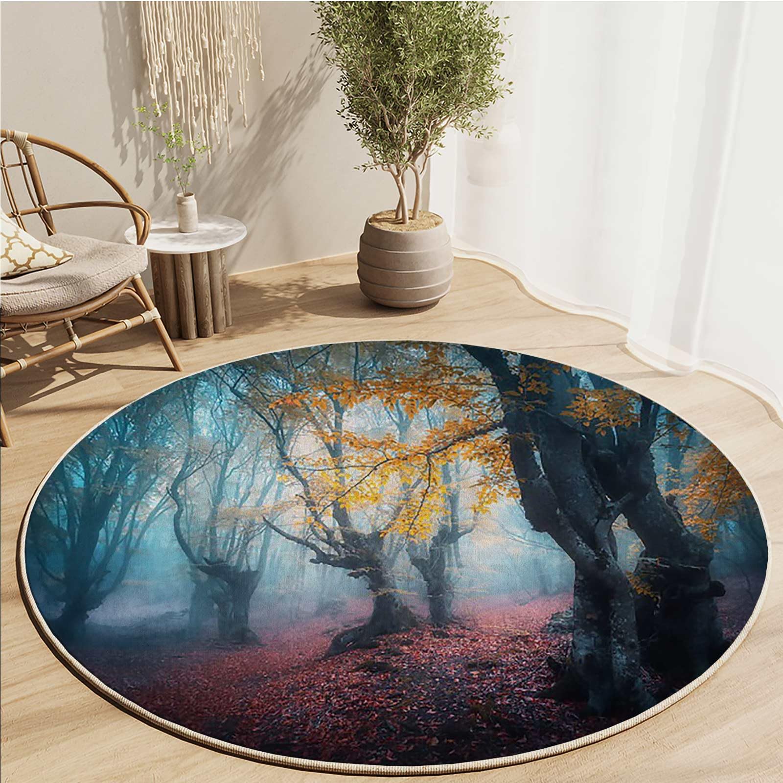 Round Desk Chair Mat Forest Under Desk Low-Pile Rug Red Grey Thick Floor Mat for Carpet and Hardwood Floors 2 FT