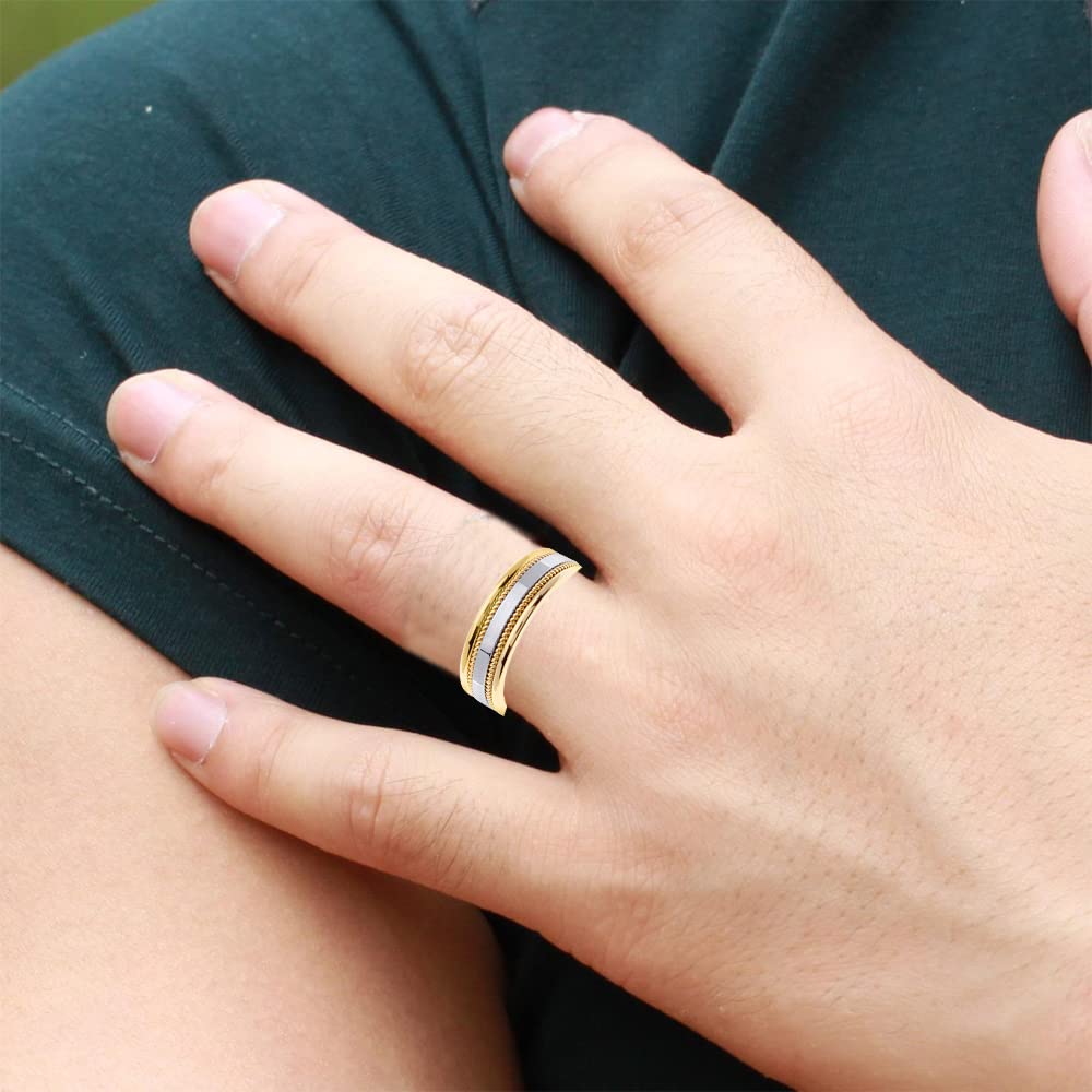 TGDJ Two Tone Gold Wedding Band - 7 mm Handmade Beautifully Crafted Wedding Ring for Couple - White Flat Gold Braided With Tight Yellow Gold ropes - Free Customized Engraving (14k Gold, 10.5)