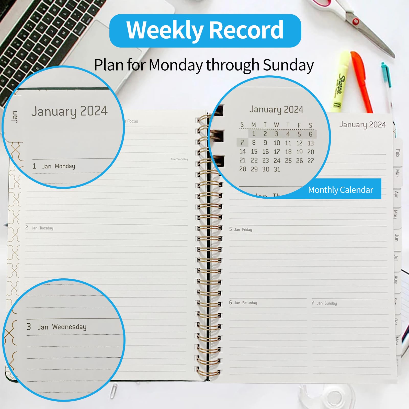 SAMTURUI 2024 Academic Year Weekly and Monthly Planner, 6.49"x8.46", Daily Planner for Goals, Flexible Cover, 70 Pages for Work Lesson Management, Black