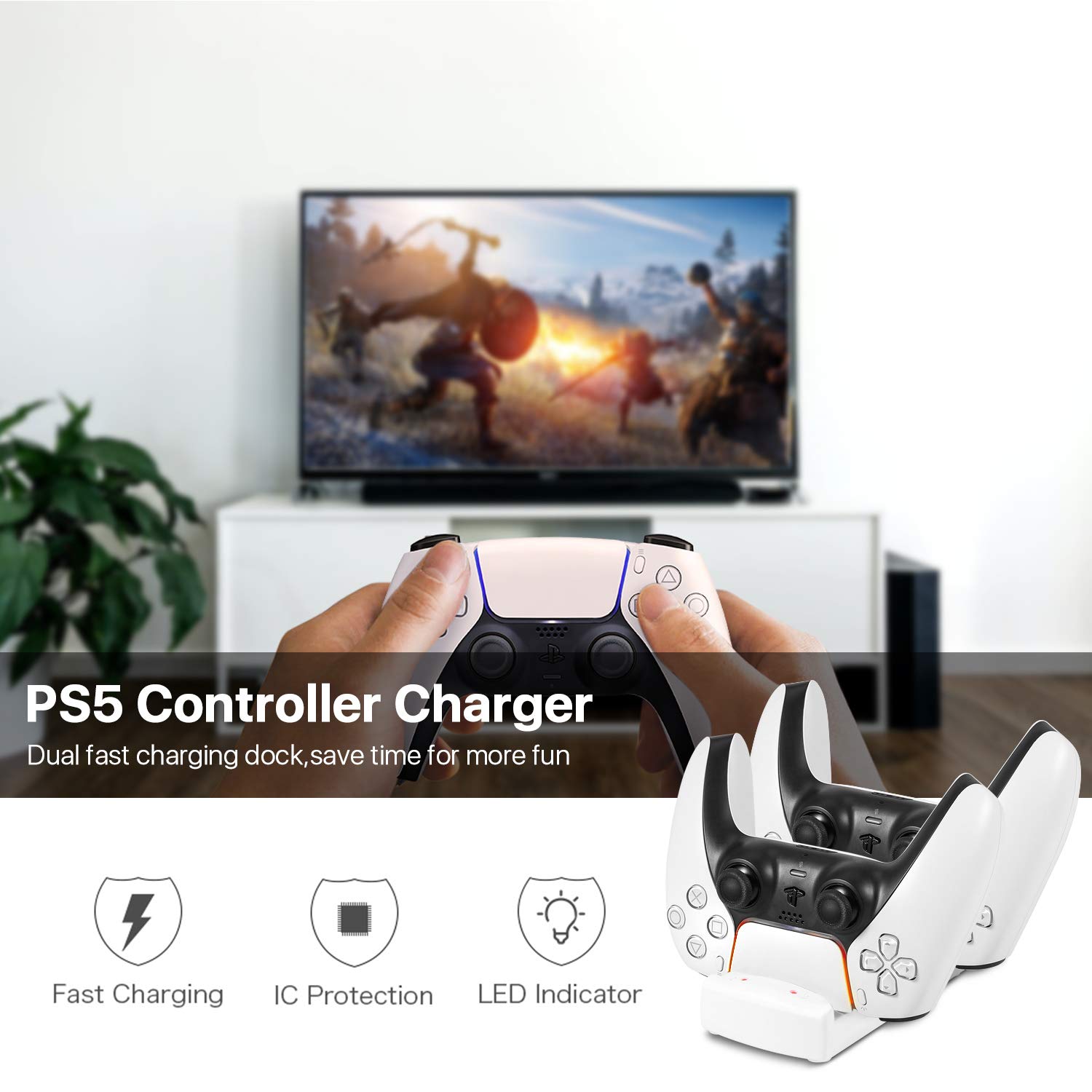 TNP PS5 Dual Charging Docking Station Charger Compatible with Sony PlayStation 5 Official Dualsense Wireless Controller, Fast Charge Port Dock Stand Accessories with USB-C Cable Cord LED Indicator