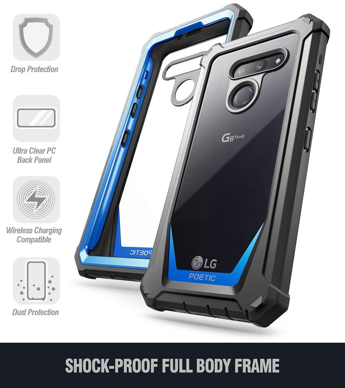 Poetic Guardian Series Case Designed for LG G8 ThinQ (2019), Full-Body Hybrid Shockproof Bumper Clear Cover Case, Built-in-Screen Protector, Blue/Clear