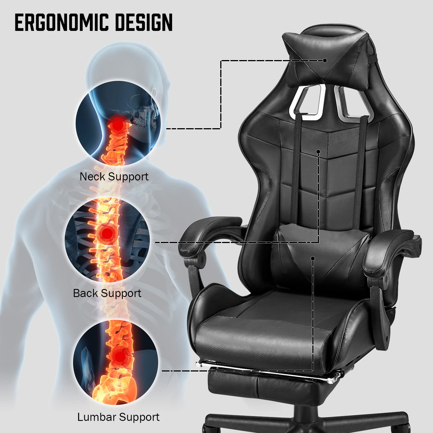 Soontrans Gaming Chairs with Footrest, PU Leather Office Chair, Gamer Chair,Ergonomic Game Chair with Height Adjustment, Lumbar Support (Carbon Black)
