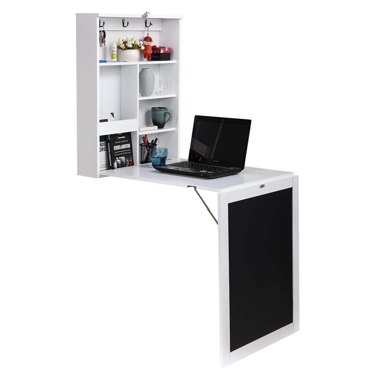 Sandinrayli Wall Mounted Fold Out Computer Laptop Desk with Storage Bookcase & Chalkboard, Convertible Writing Desk, Home Office Furniture, White + Black