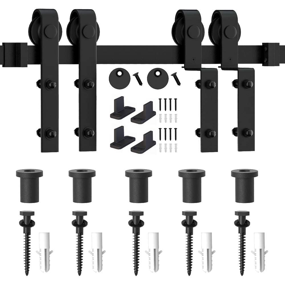 WINSOON 6FT Single Track Bypass Barn Door Hardware Double Doors Kit with 2PCS 12 Inch Sliding Barn Door Handles Black Hardware