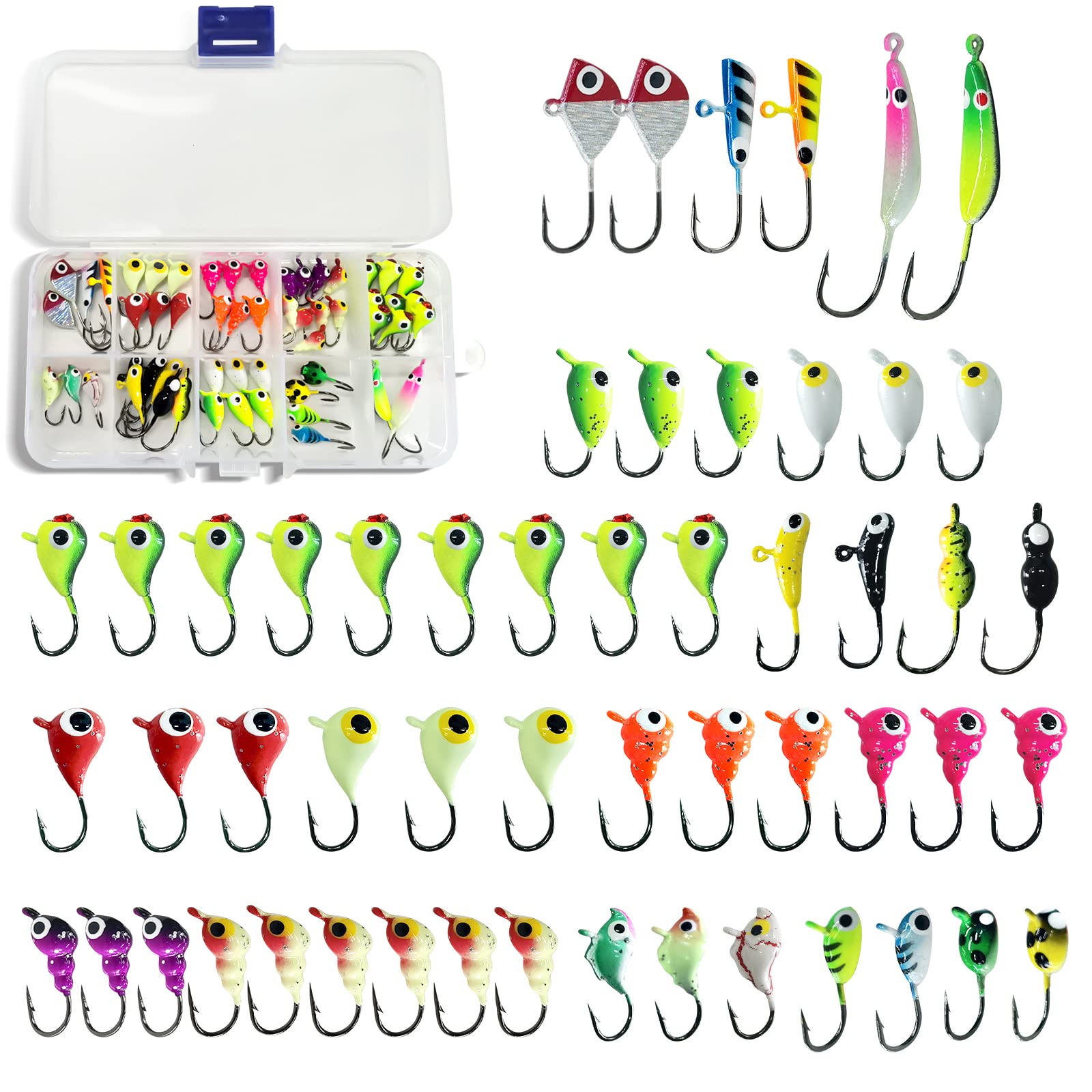 XBLACK Ice Fishing Jigs Kit Ice Fishing Lures 55PCS for Beginner Starter, XBLACK Baits, Catch Big Fish!