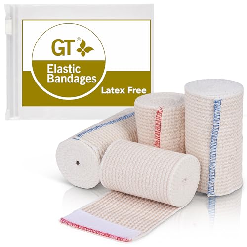 Premium Elastic Bandage Wraps (4"x2, 3"2) - Made of Grown Organic Cotton - Hook & Loop Fasteners at Both Ends - GT Latex Free Hypoallergenic Compression Roll for Sprains & Injuries