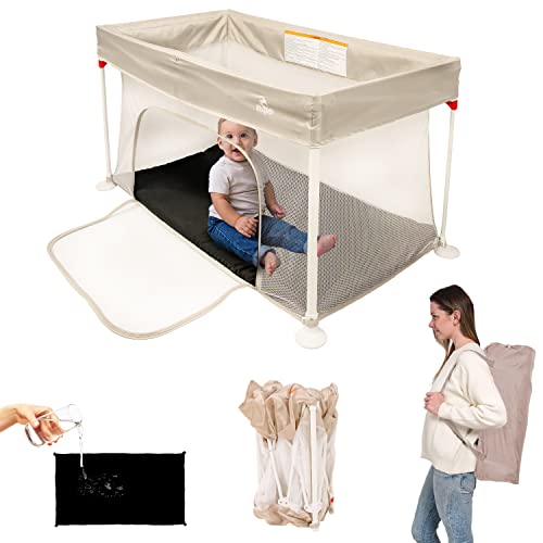 Sleepah Foldable Travel Crib β Lightweight Portable Play Pen + Backpack, Play-Yard with Waterproof Mattress β Easy to Pack Fits in a Suitcase, Sets up in 30 Seconds Safe for Infants & Toddlers (Beige)