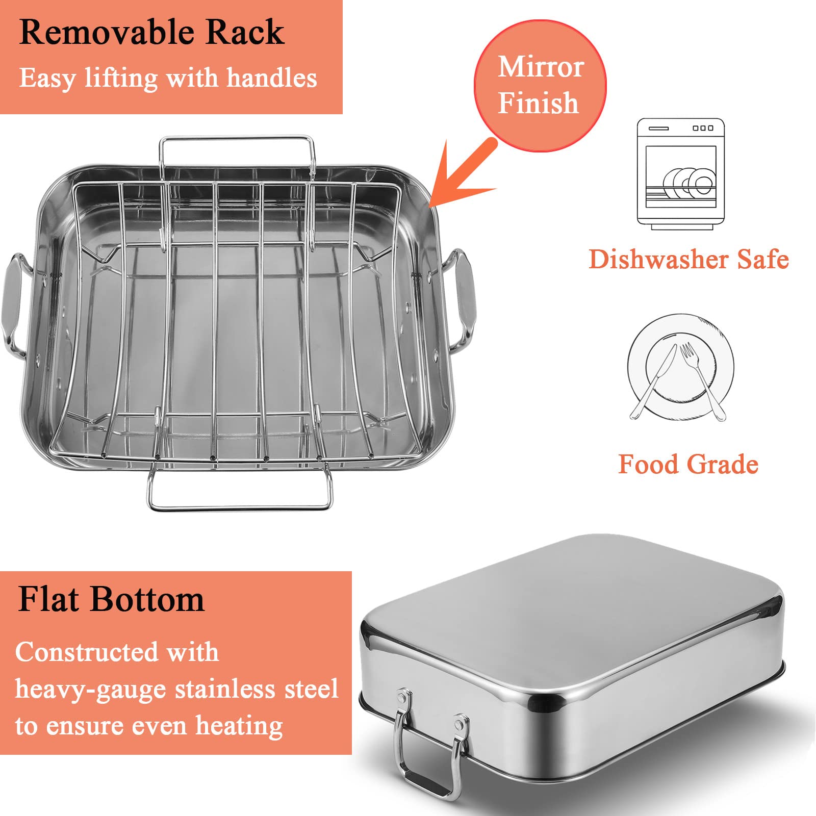 WEZVIX Stainless Steel Roasting Pan with Rack, 16.5 Inch Rectangular Turkey Roaster Lasagna Pan for Roasting Turkey, Chicken, Meat & Vegetables, Non-toxic & Heavy Duty, Easy Clean & Dishwasher Safe