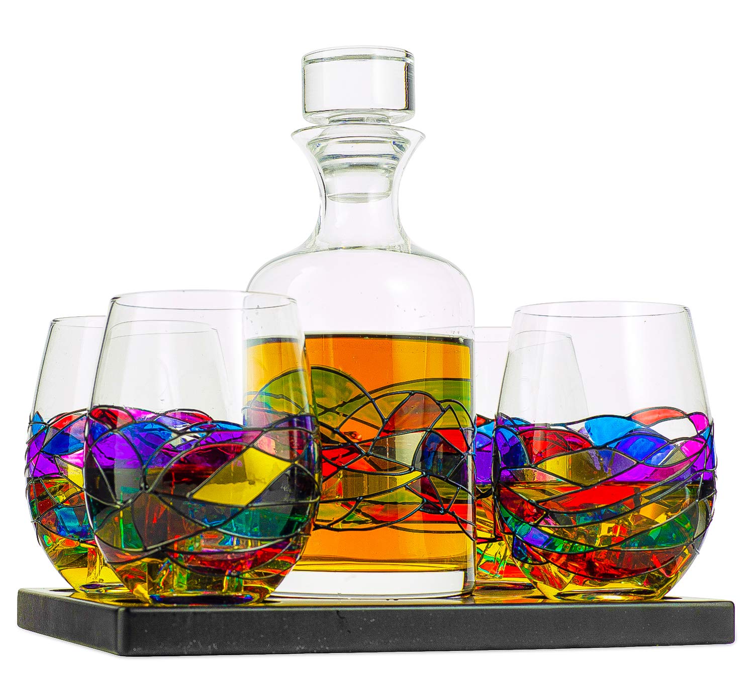 The Wine Savant Artisanal Hand Painted Glassware Gift for Mom, Wife, Friend - Artisanal Barcelona Hand Paint Whiskey & Wine Decanter Set, Renaissance Romantic Stain-glasses- Gift Multicolor