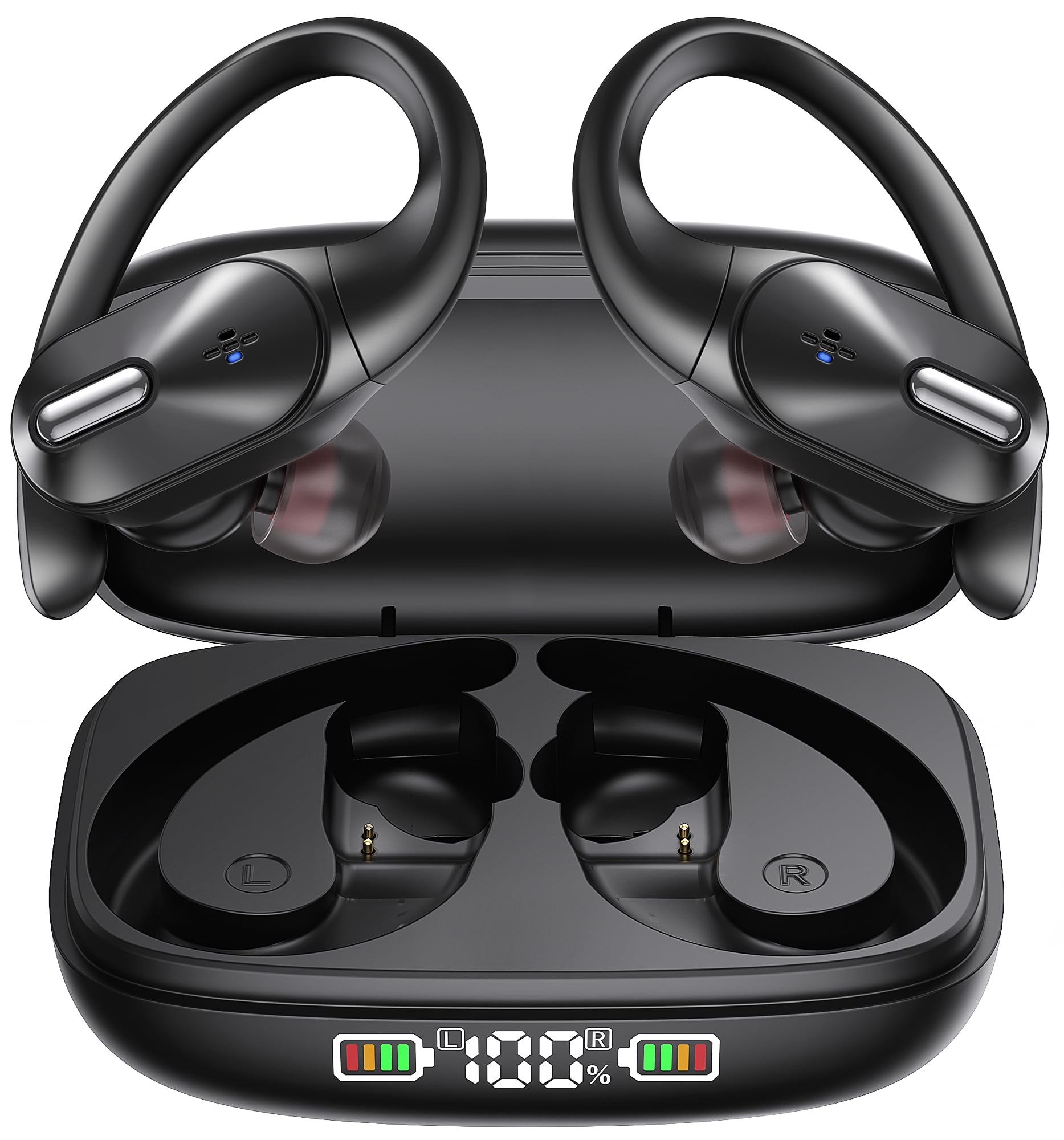 Orancu Bluetooth Headphones Wireless Earbuds Bass Stereo Sound with Wireless Charging Case 48H Playback Earphones LED Display with Built in Mic and Over Earhooks Waterproof Headset for Running
