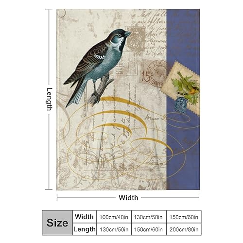 Plush Throw Blanket Vintage Birds Postage Stamp Soft Cozy Blanket Flannel Blankets All-Season for Sofa Couch Bed, 60" X 80"