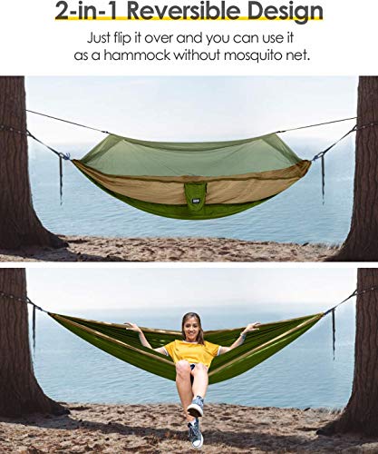 Single & Double Camping Hammock with Net Mosquito/Bug | Included Tree Straps and Carabiners, Parachute Nylon | Easy Assembly, Lightweight, Portable | Indoor Outdoor Backpacking - Full Size, Sky Green