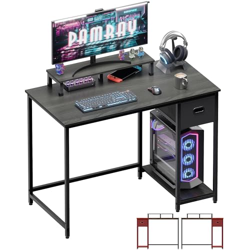 Pamray 32 Inch Computer Desk with Monitor Stand Small Home Office Desks with Non-Woven Storage Drawer for Bedroom Study Table Writing and Work Desk