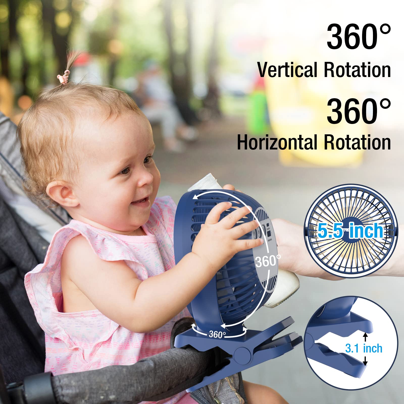 Portable Clip on Fan 65 Working Hours, Camping Fan with LED Lights & Hook, 12000 Capacity Battery Operated Fan with Clamp, USB Rechargeable Fan for Desk, Tent, Treadmill, Stroller, Golf Cart, Home