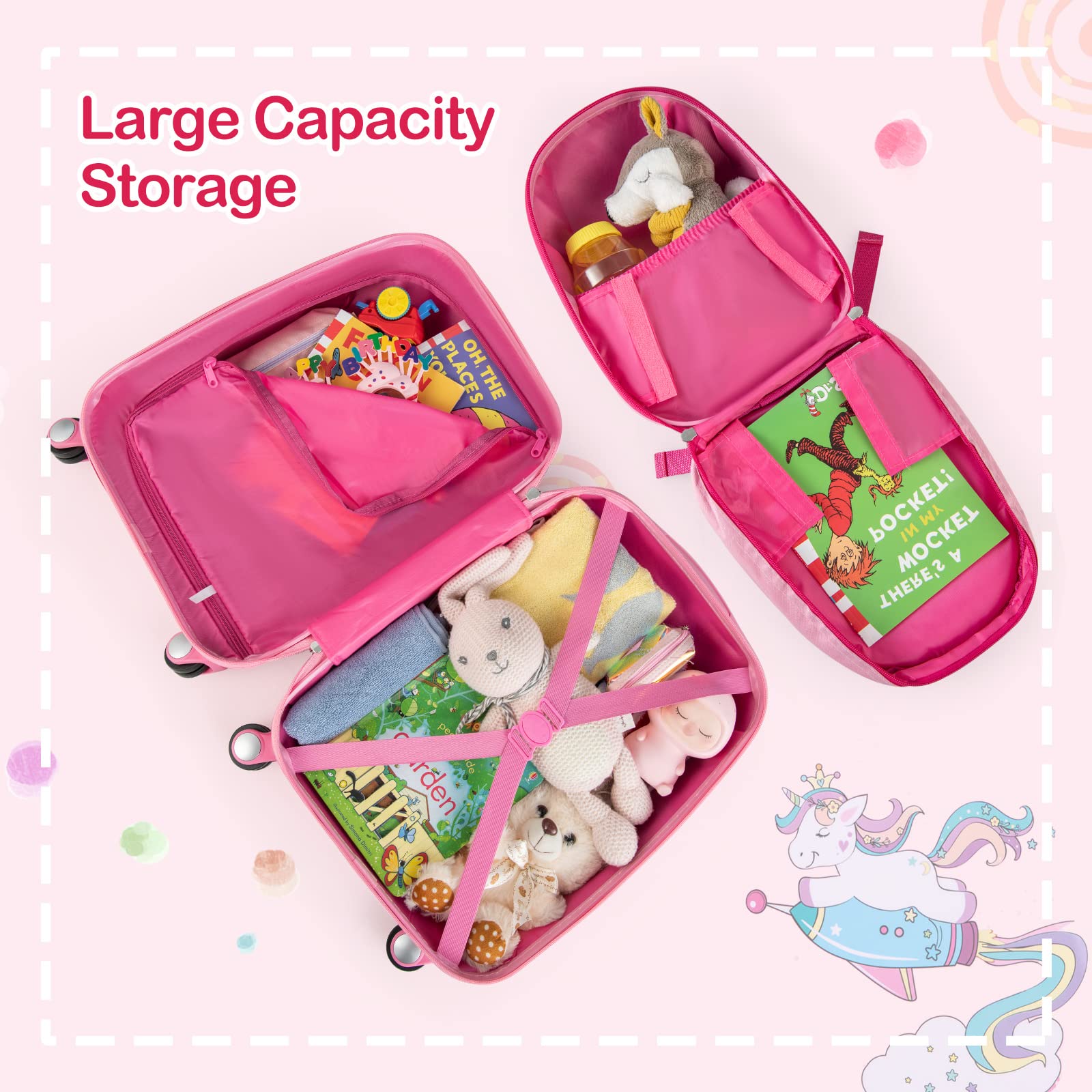 Olakids Kids Luggage Set, 12’’ Travel Backpack and 18’’ Carry on Suitcase with Wheels for Children Boys Girls, 2 Pcs Rolling Spinner Trolley Case Gift for Toddlers (Pink Unicorn)