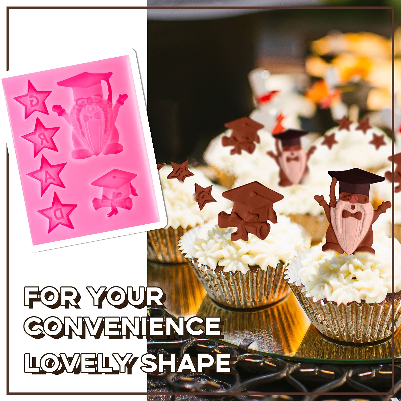 Whaline 4 Pieces Graduation Silicone Molds Graduation Gnome Grad Cap Diploma Star Chocolate Candy Mould Pink Grad Ice Cube Fondant Mold for Grad Party Cake Cupcake Topper Decoration