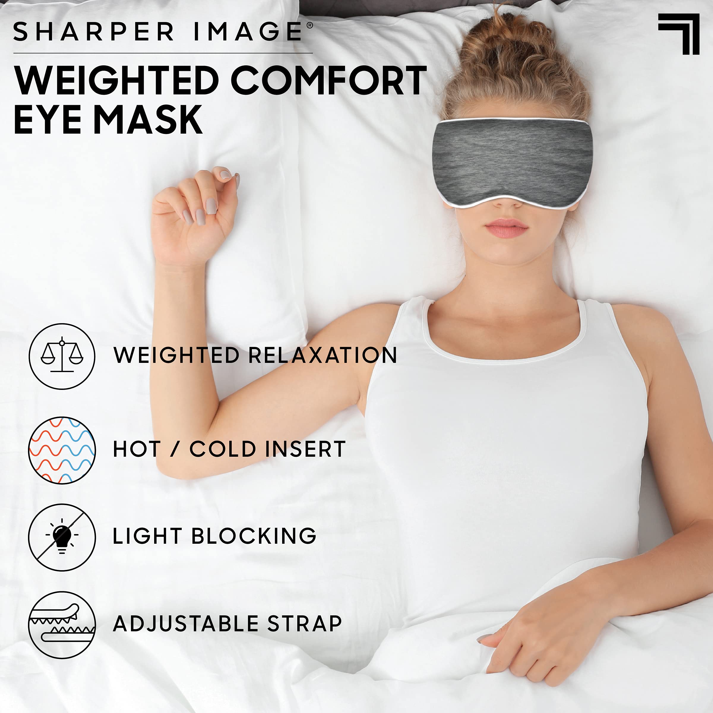 SHARPER IMAGE Weighted Comfort Eye Mask, Hot/Cold Insert, Light Blocking Pain Relief for Headaches Migraine Travel Naps, Adjustable Strap, Super Soft Micro-Plush Fabric