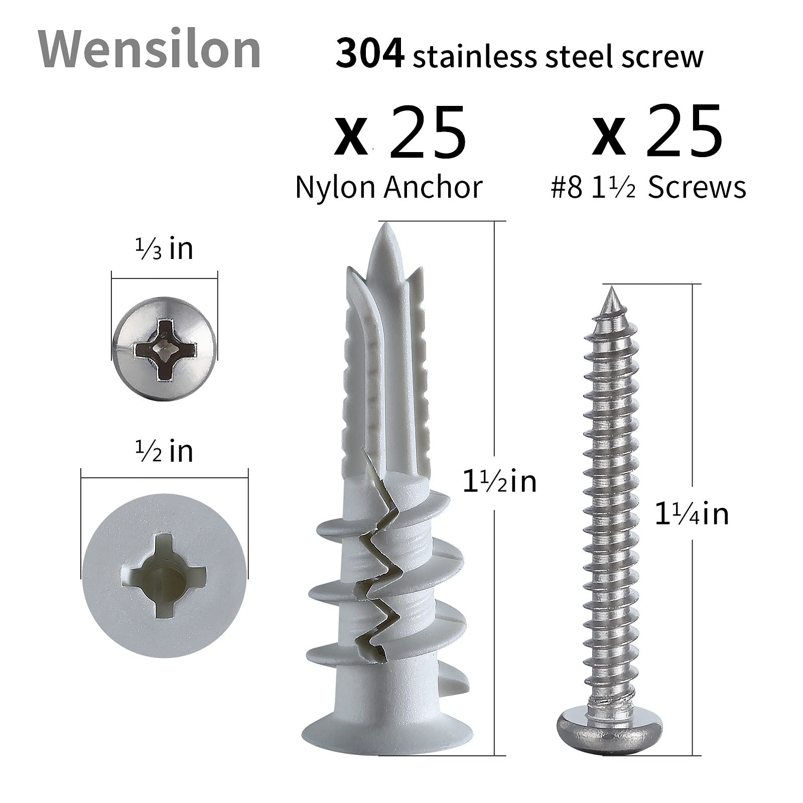 WensiLon Wall Anchors and Screws for Drywall - with 25 anchors and 25#8 stainless steel screws