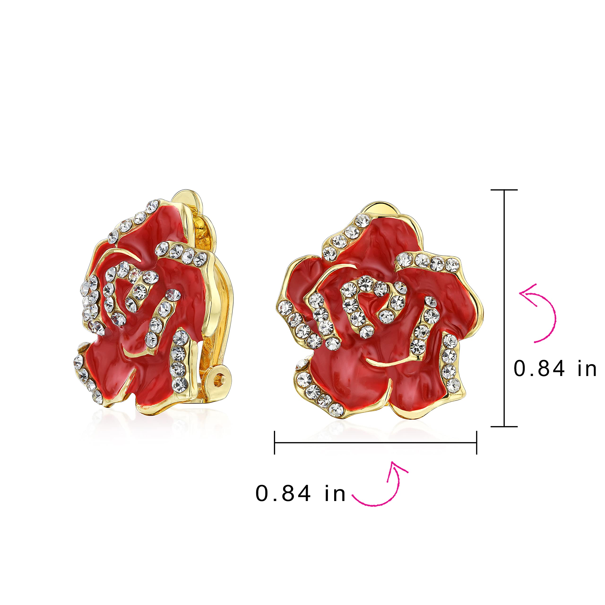 Red Enamel Flower Crystal Edge Spring Retro Floral Rose Clip On Earrings For Women Non Pierced Ears 14K Gold Plated