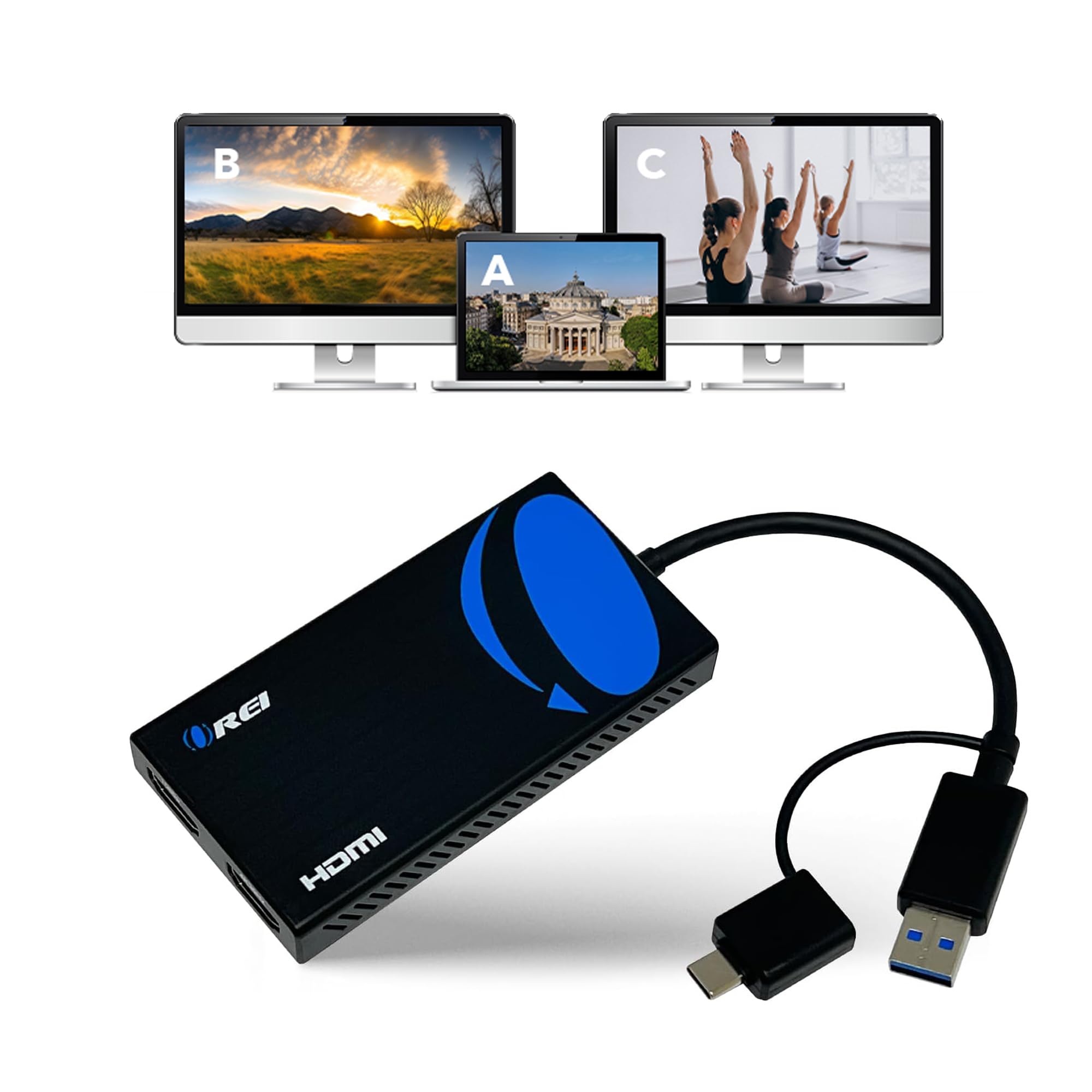 OREI SplitExtend HDMI Splitter Extended Display for Dual Monitor - Multi-Monitor Display 3 Separate Screens - USB A & USB-C Adapter to HDMI 2.0, 4K@30Hz Output 1, 1080p Output 2 for Windows, Mac OS G