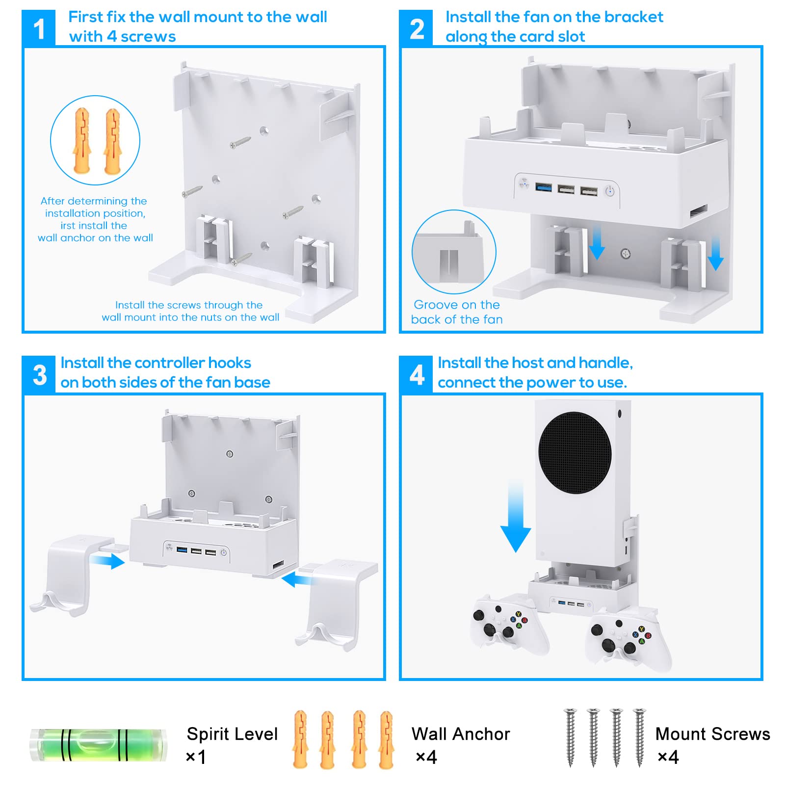 Wall Mount for Xbox Series S, Vertical RGB Light Cooling Fan Bracket Mount Kit Accessories with 2 X Controller Holder & Extended USB Ports for Xbox Series S Console
