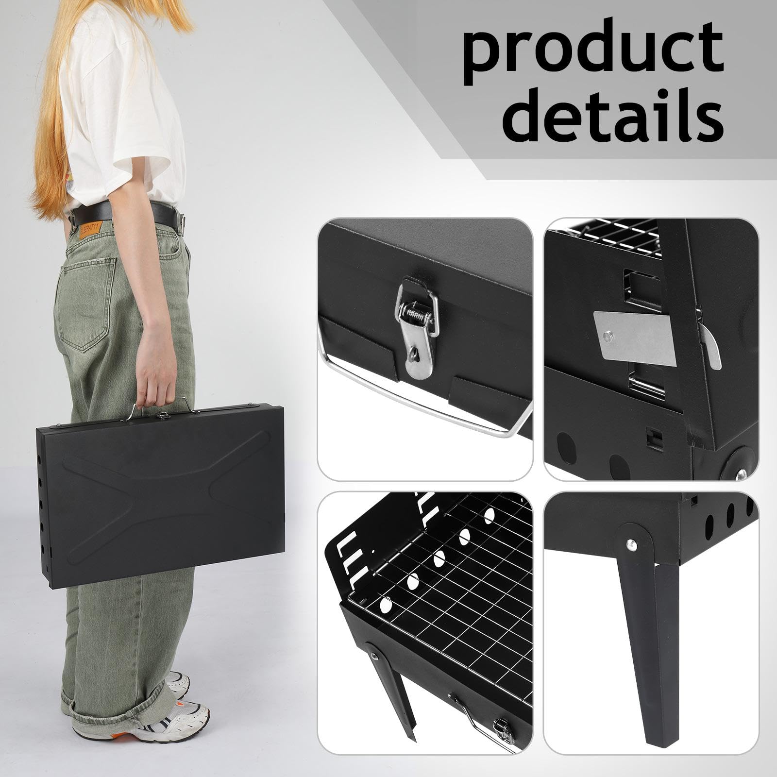 Portable Foldable Charcoal Grill,Small BBQ Grill Suitcase Square Covered Smoker Grill With Folding Legs & Lid,Lightweight Metal Outdoor Cooking Grill for Camping,Tailgating,Picnics,Black