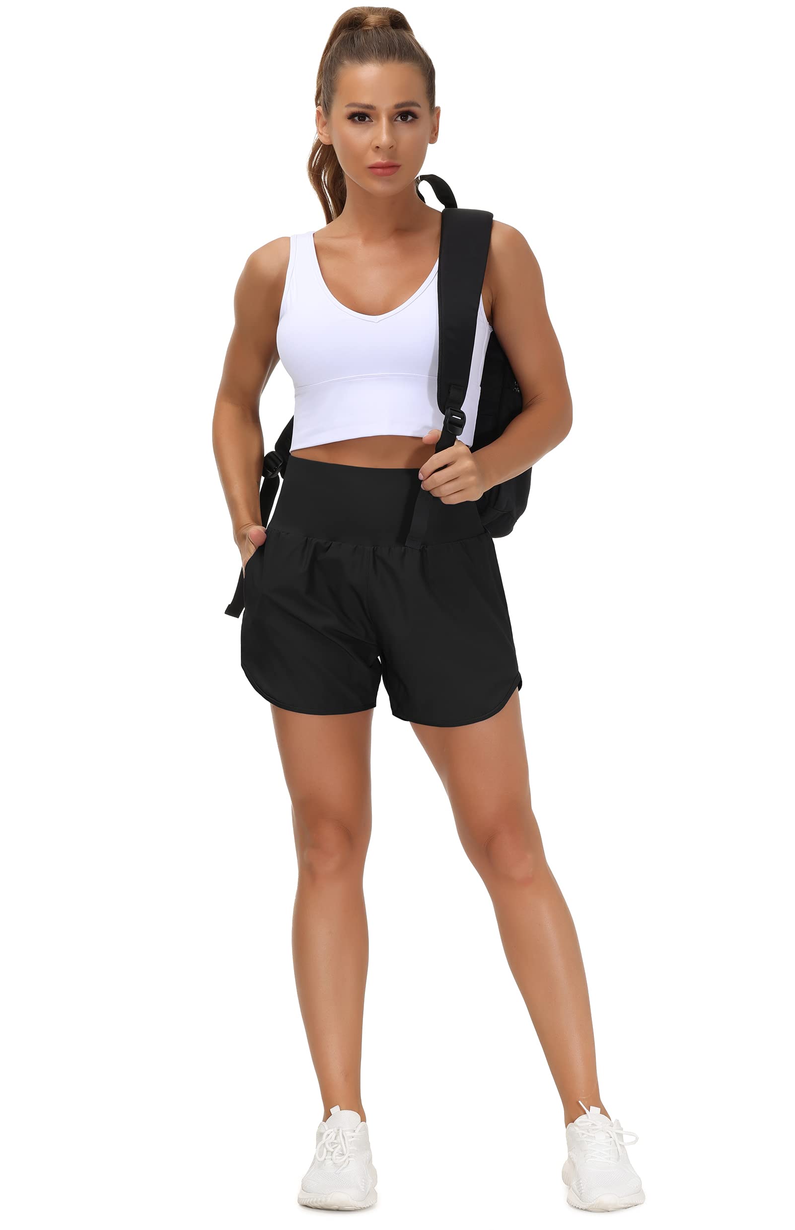 THE GYM PEOPLE Women’s High Waist Running Shorts with Liner Athletic Hiking Workout Shorts Zip Pockets (Black, Medium)