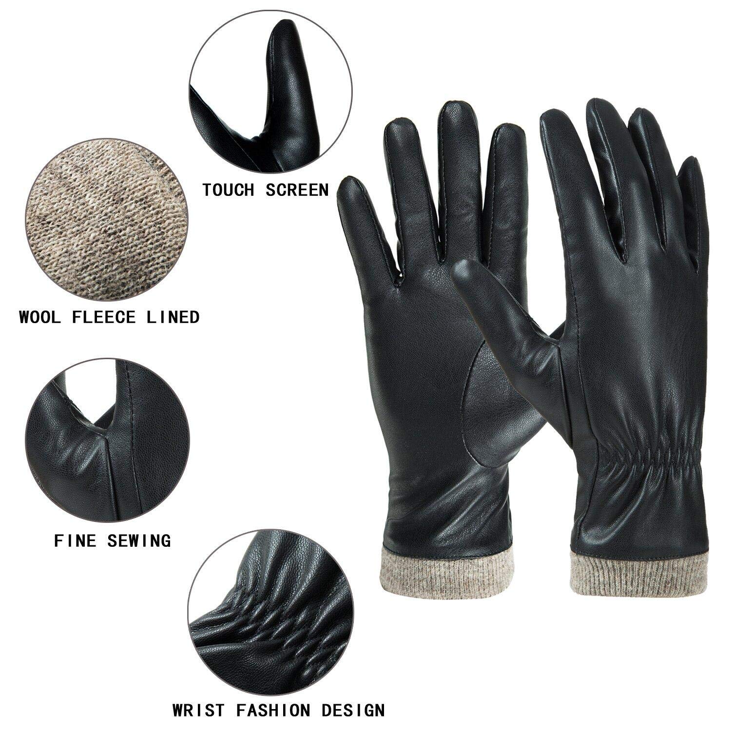 REDESS Winter Leather Gloves for Women, Wool Fleece Lined Warm Gloves, Touchscreen Texting Thick Thermal Snow Driving Gloves