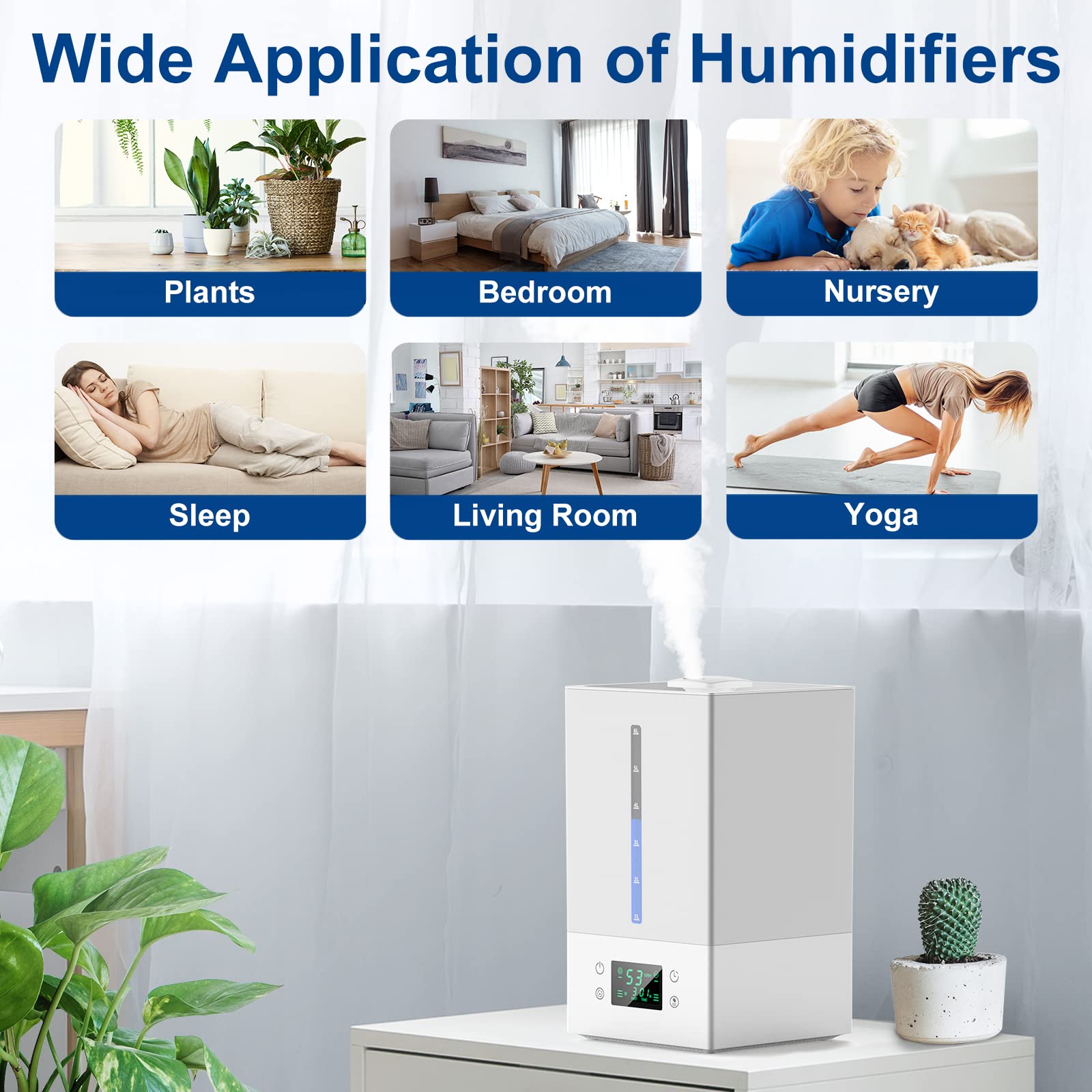 WOAEDMBY 6L Humidifiers for Bedroom Large Room, Cool Mist Humidifiers for Baby Nursery Plants with Essential Oils Diffuser, 360°Rotatable Double Spray Outlet Nozzle, Auto-Shut Off,Sleep Mode