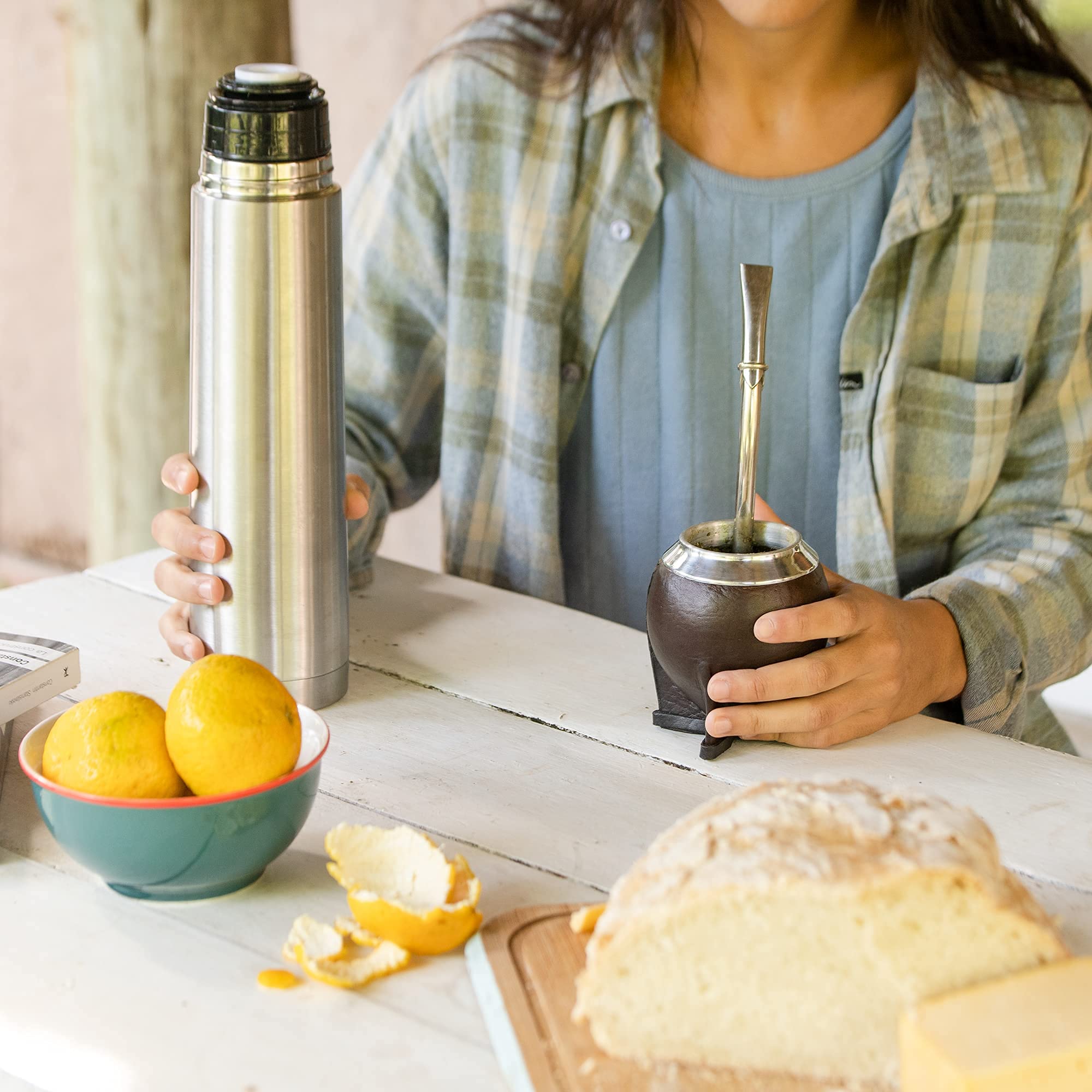 thebmate [Premium Yerba Mate Cup (Mate Gourd) - Crafted Ceramic Teacup β Dark Brown Leather Wrapped Handmade in Uruguay - Mate Torpedo - Torpedo Style