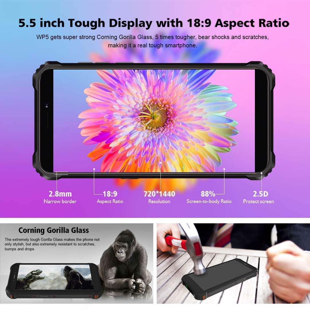 Rugged Cell Phone Unlocked OUKITEL WP5, 8000mAh Battery, Android 10.0 Rugged Smartphone,5.5 Inch 4GB RAM+32GB ROM,IP68 Waterproof Shockproof Phone with 4 LED Flashlights,Triple Camera,Dual SIM 4G