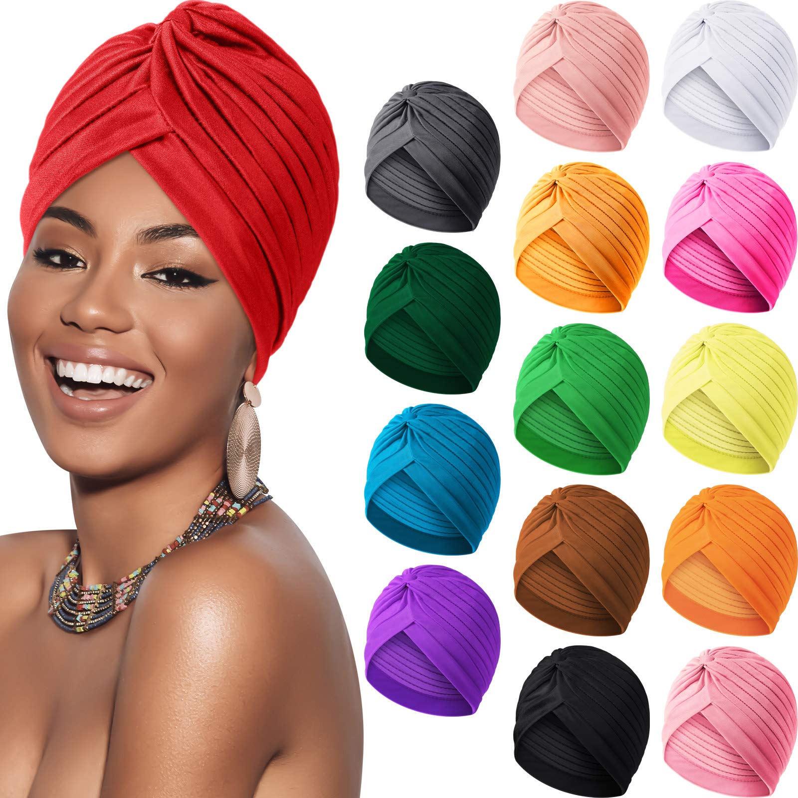 SATINIOR 15 Pieces Stretchy Turban Cap Chemo Head Wraps Twisted India's Hat Turbans for Women