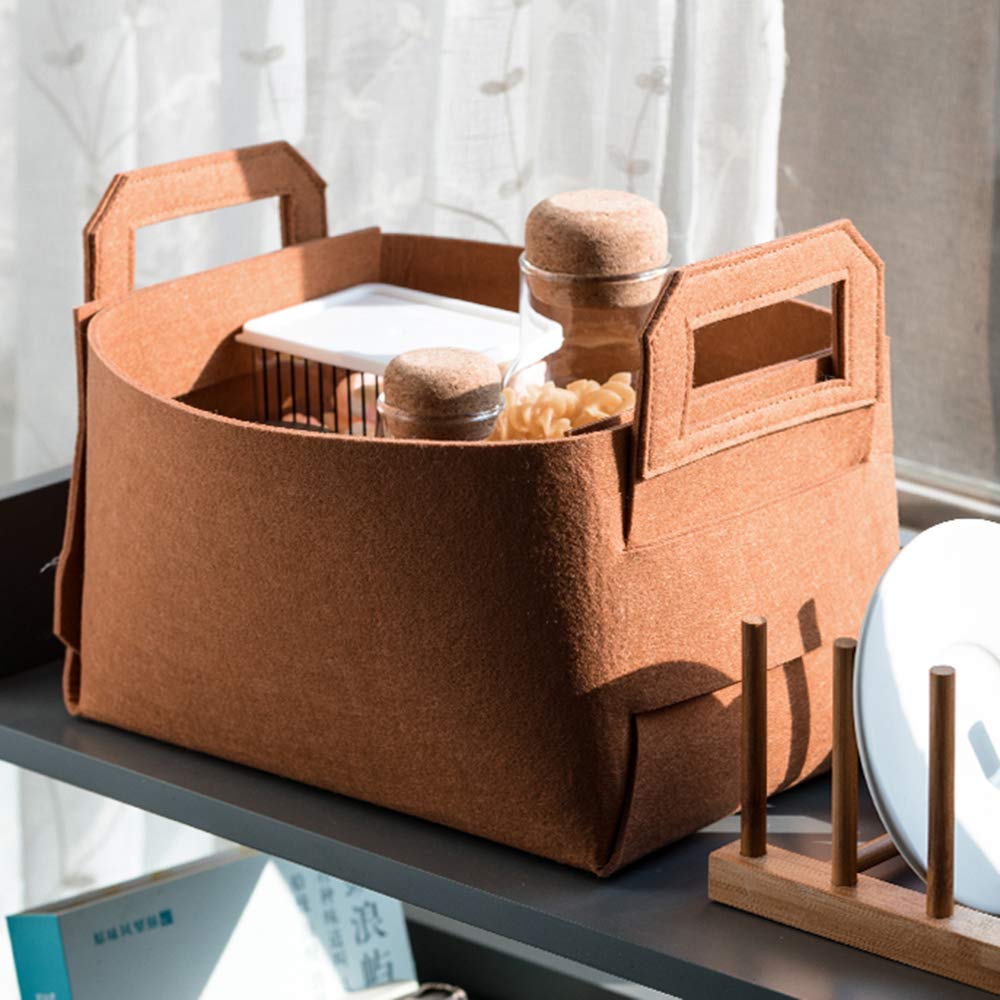 POLATU Felt Toy Storage Bins Basket with Handle Collapsible Toy Organizer for Nursery Storage, Kid's Toy & Laundry, Gift Baskets (Brown,S)