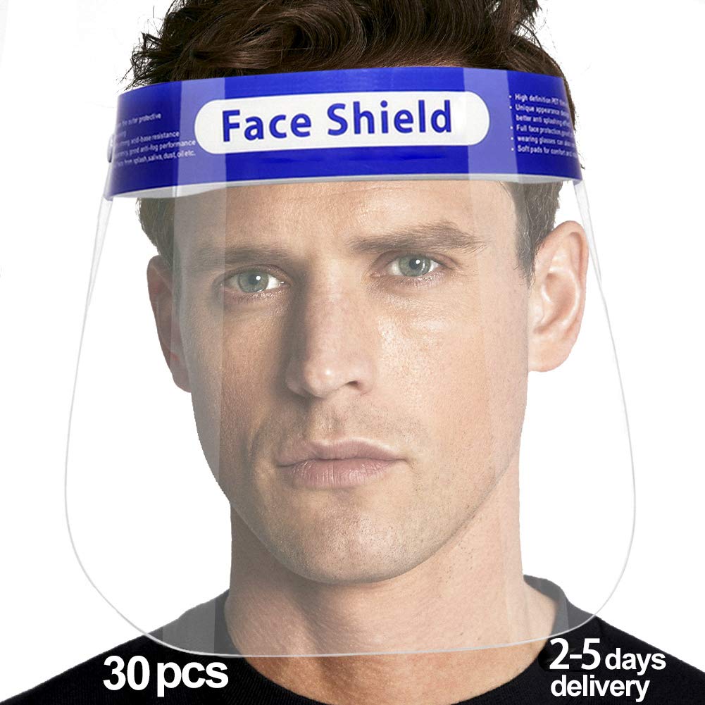 Simplee kids 30 Pack Face Shields, Plastic Face Mask Shield for Anti-Fog Lens, Full Face Shield with Adjustable Elastic Band and Comfortable Sponge for Men Women