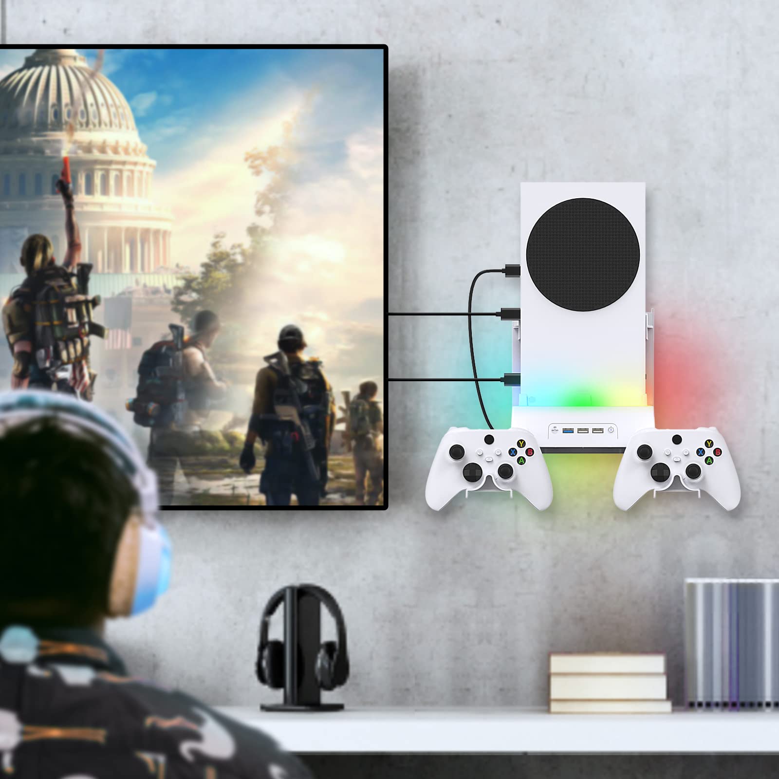 Wall Mount with Cooling Fan for Xbox Series S,Xbox Accessories Kit with RGB Light,USB Ports,Cooling System,Double Controller Headset Storage Holder for Xbox Series S Console
