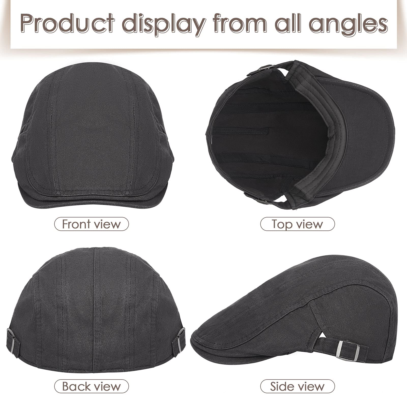 SATINIOR 3 Pieces Mens Newsboy Flat Cap Newsies Hat Adjustable Ivy Cadet Cabbie Cap (Black, Grey, Coffee), Medium