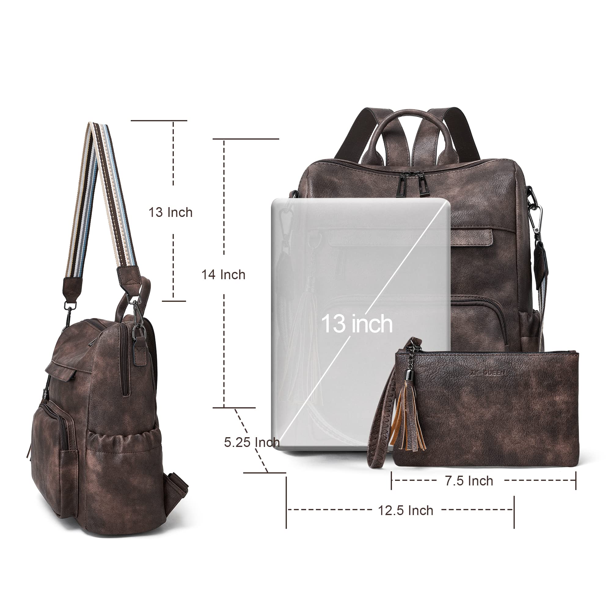 ZK-Queen Backpack Purse for Women Fashion Leather Designer Backpack Purses With Wristlets Travel Shoulder Bags