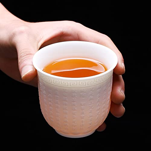 White Relief Dragon Phoenix Ceramic Tea Cup Sets | 4.7 oz, Chinese Kungfu Tea Cups Set Crystal Clear Porcelain Lettering Cups (Heart Meridian)