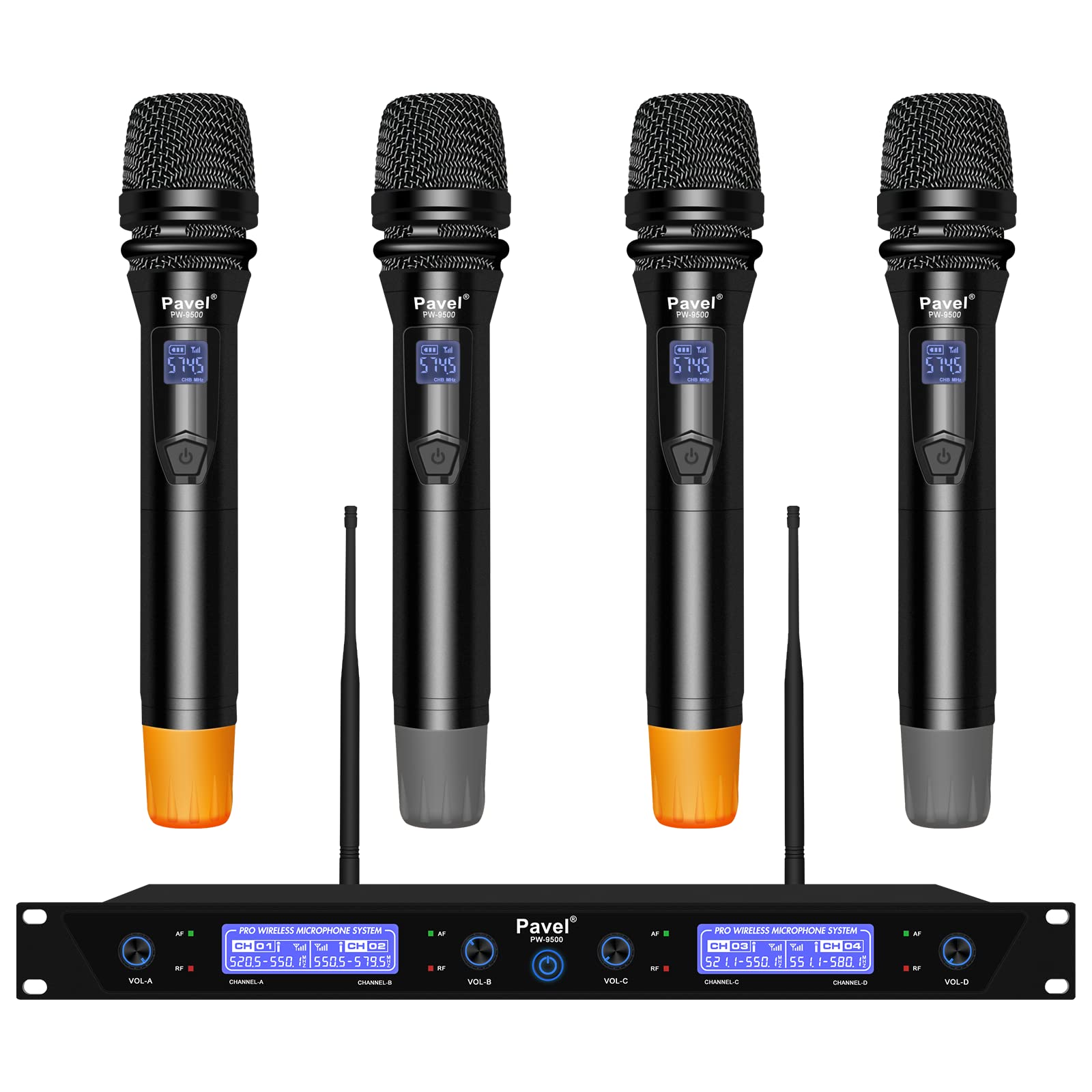 Wireless Microphone System, Pro Quad Channels UHF Karaoke Microphone Wireless, Auto Scan, Adjustable Frequency, 328ft Range, Wireless Mic for Church, Karaoke, Singing, Wedding, Speech, DJ, Outdoor