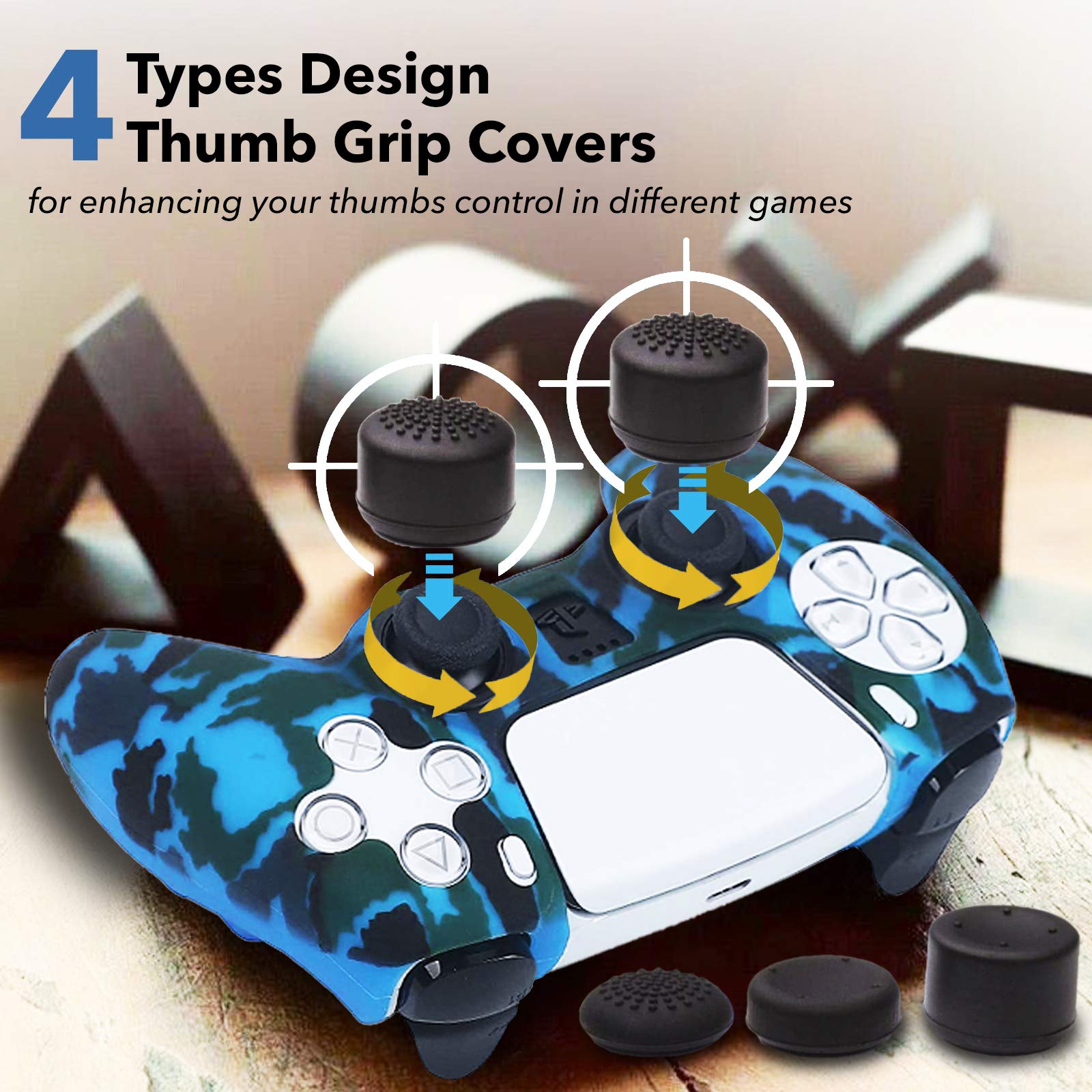 PS5 Controller Skin,Non Slip Comfort Silicone Skin Cover Protector Case for PS5 Controller(Controller Skin case x 2 + FPS PRO Thumb Grips x 8) (Camouflage Yellw+Blue)