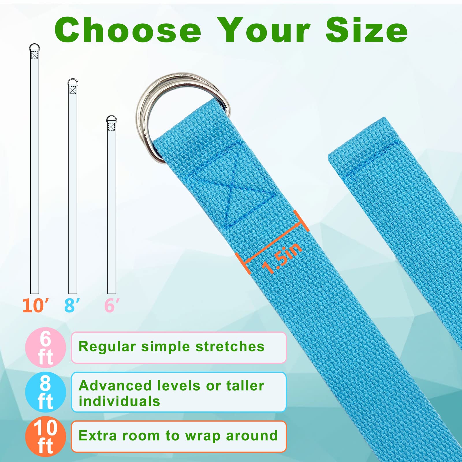 Yoga Strap,Skoye 5-Pack Yoga Exercise Adjustable Straps 6Ft OR 8Ft with D-Ring Buckle, Non-Elastic Yoga Straps for Pilates,Physical Therapy,Improves Sitting Posture for Women & Men (1.5" X 8FT)