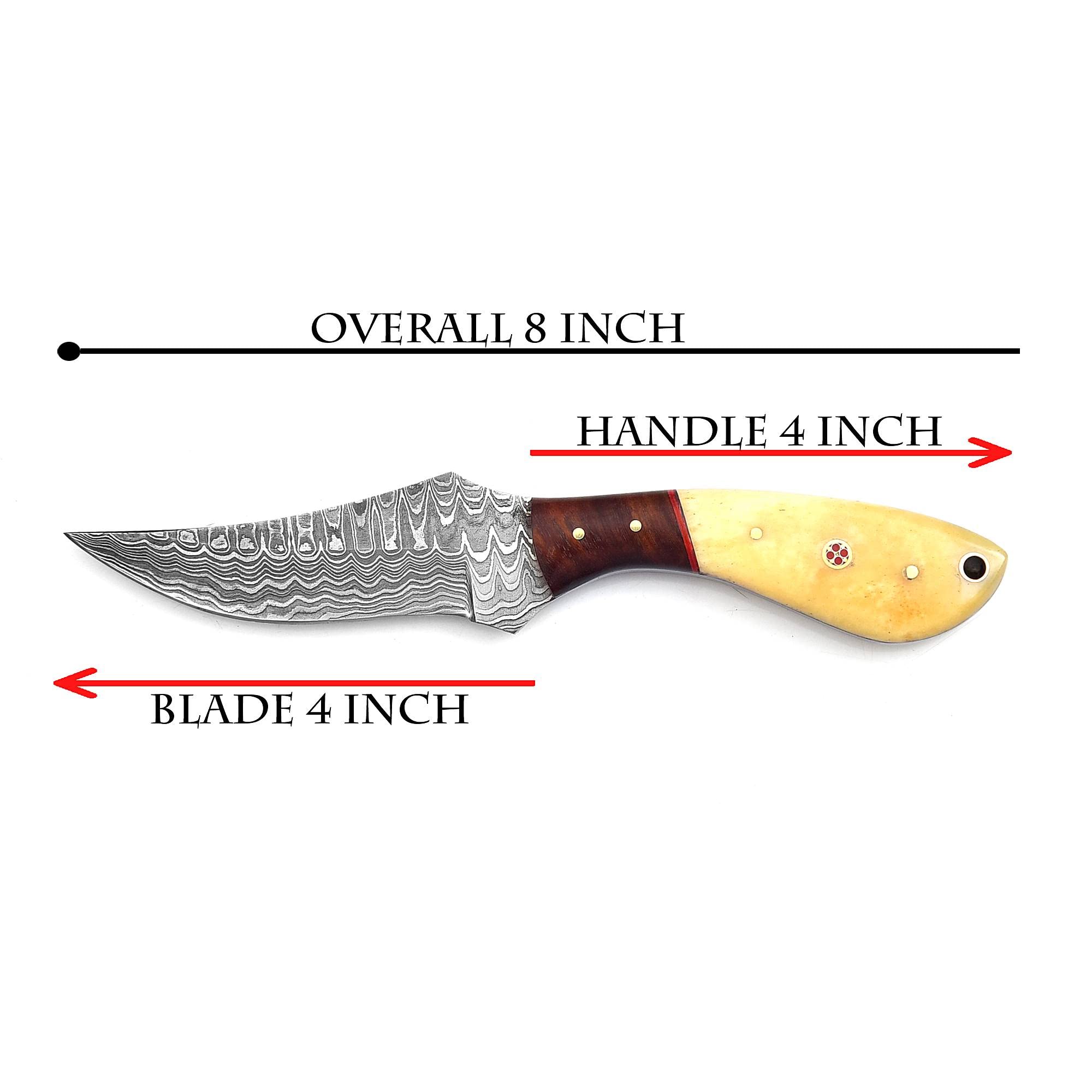 Wolf Craft WOLF CARFT Handmade Damascus Steel Hunting Knife Fixed Blade, Bone & Rose Wood Handle Damascus Steel Knife Skinning Knife With Leather Sheath