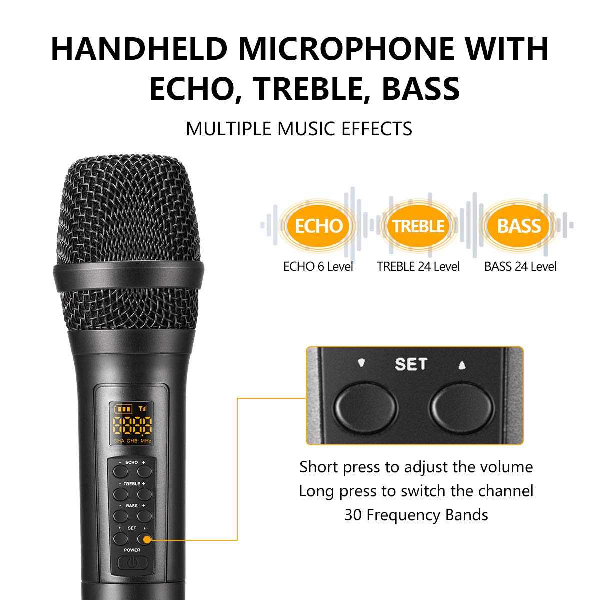 Wireless Microphone, Dual Professional UHF Cordless Dynamic Mic Handheld Microphone System with Echo/Treble/Bass, Receiver 30 Adjustable Channels, 328ft Long Range for Amplifier, DJ, Party etc.