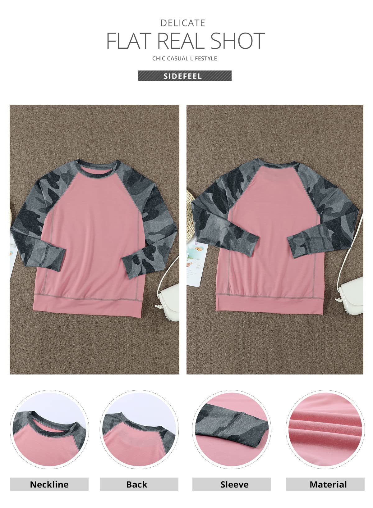 Sidefeel Women Crewneck Pullover Camo Print Sleeve Sweatshirt Jumper Top Small Pink