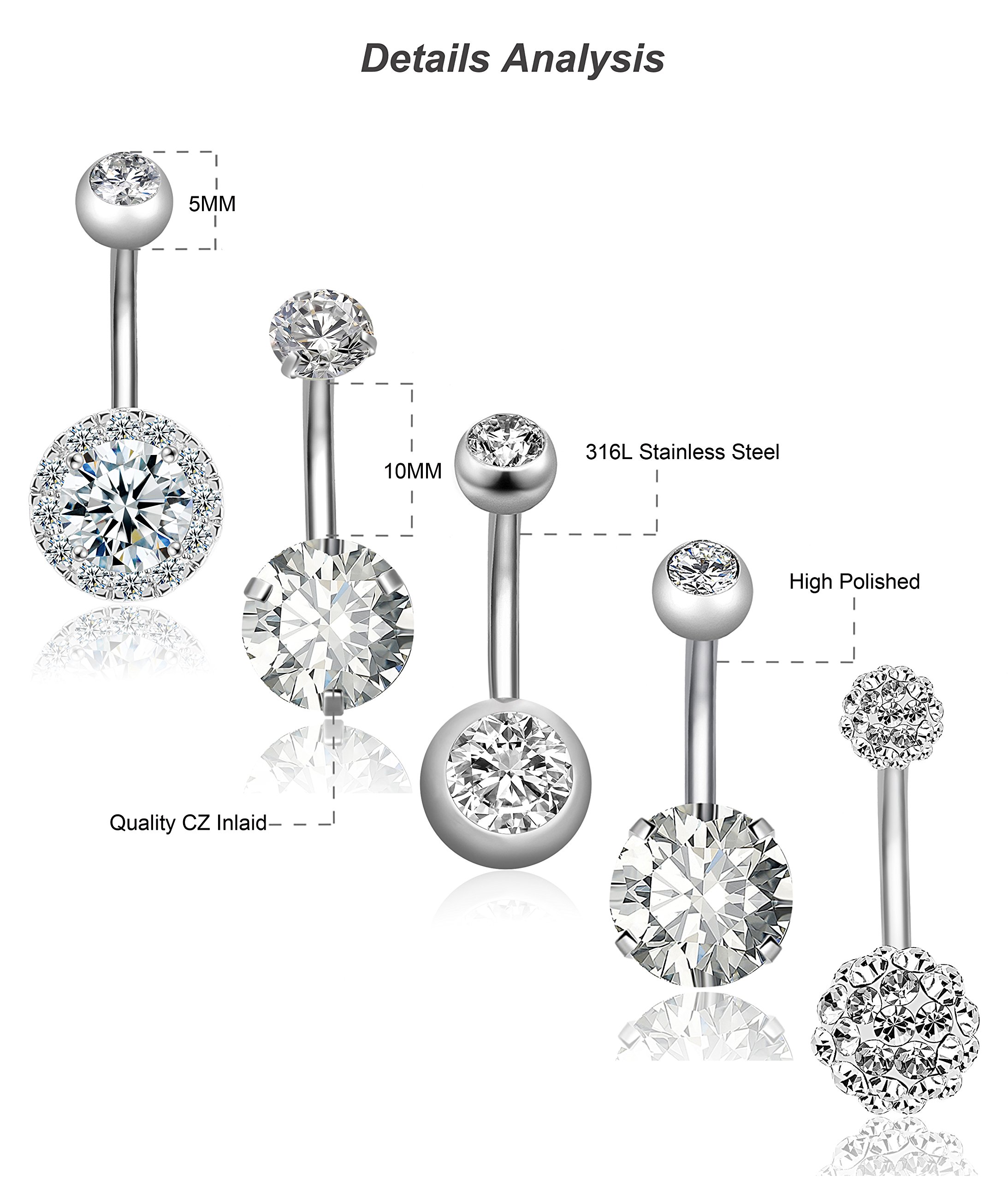 REVOLIA 14G Stainless Steel Belly Button Rings for Women Navel Rings CZ Body Piercing