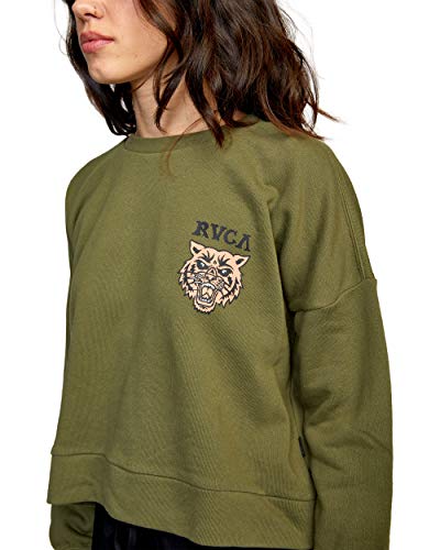 RVCA Women's Graphic Fleece Pullover Crew Neck Sweatshirt, Heritage/Dark Moss, Small