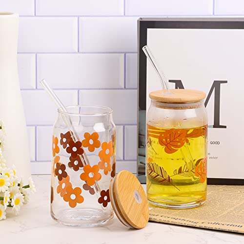 Yoiemivy 6 Pack Glass Cups with Lids and Straws, Iced Coffee Tumbler with Straw Boho Pattern Drinking Glasses16 Oz Beer Can-Shaped Glass for Iced Coffee Cola Soda Tea Juice Water