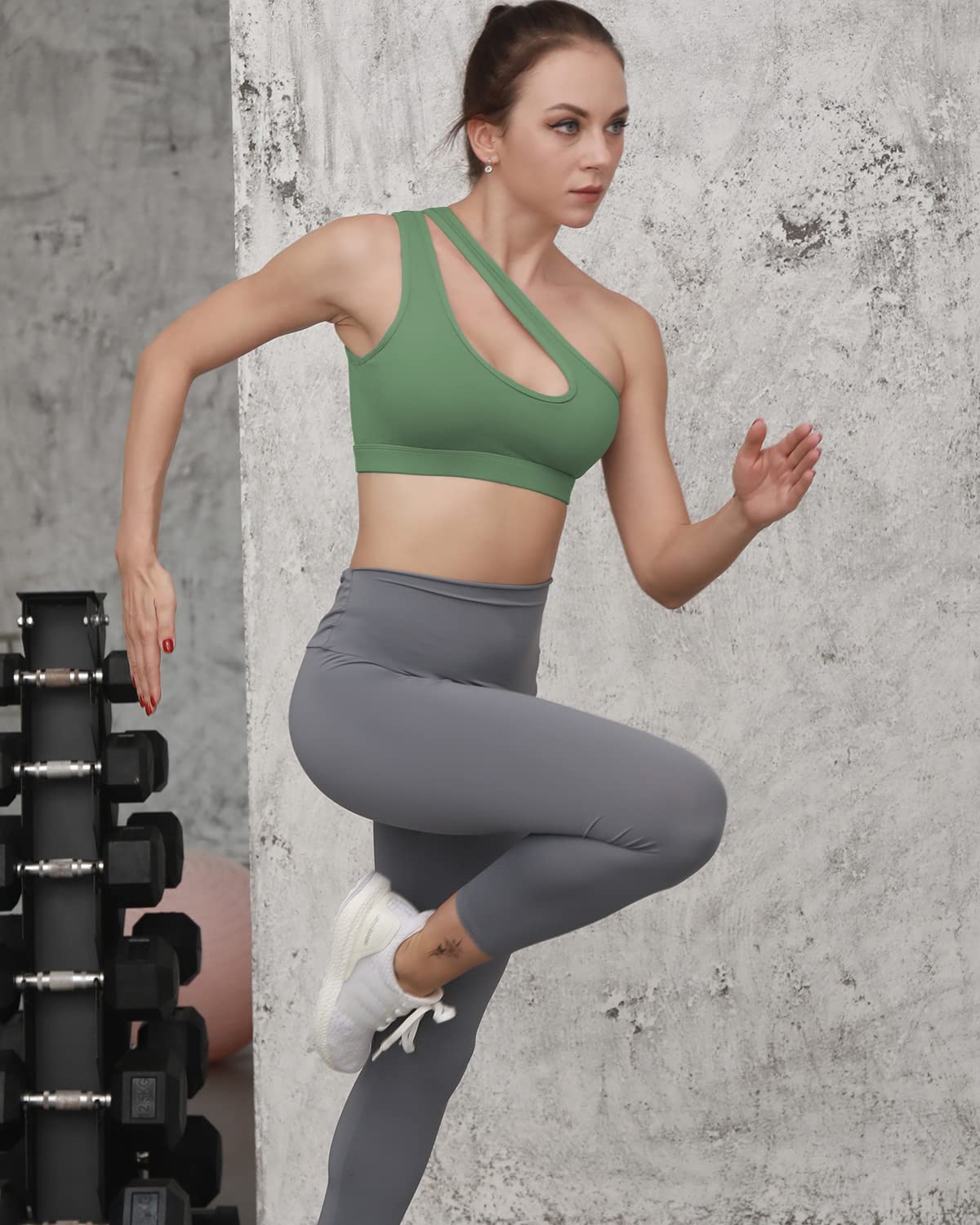YOGASASA One Shoulder Sports Bra for Women Workout Bras Sexy Cute Yoga Bra Medium Support,Green